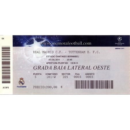 Real Madrid v Tottenham H. 2010-11 Champions League ticket